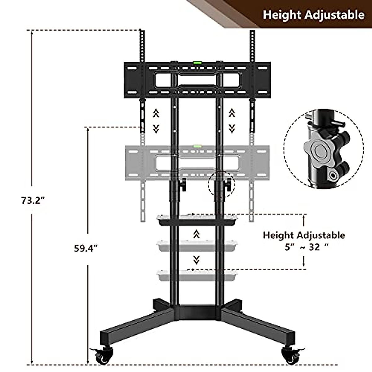 Mobile TV Stand with Wheels for 32-80 Inch LCD LED 4K Flat Screens with Wheels - Height Adjustable TV Cart Rolling TV Stand with Laptop Shelf, Outdoor TV Stand - Max VESA 600x400, Black