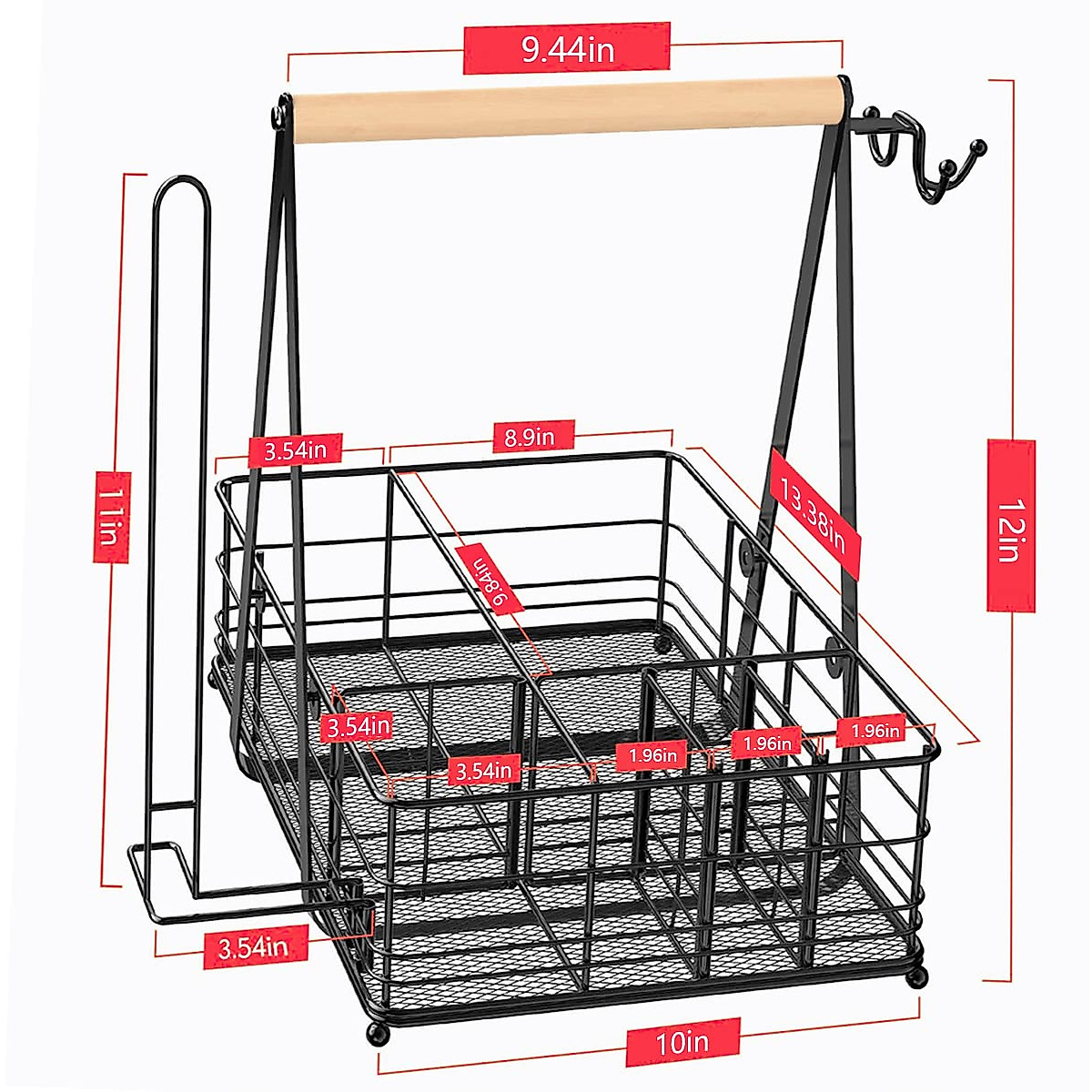 LELOCLE Picnic Caddy and Grill Utensil Caddy,Condiment Caddy, Grill-Caddy,Adjustable Compartment Storage,with 3 Hooks,Sturdy Thick,Easy Carry,Quick Assemble Grill Accessories Storage-Black