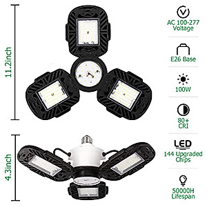 OOOLED LED Garage Lights 2 Pack, 100W Garage Light, Deformable LED Garage Ceiling Lights Supporting E26/E27 Base, 12500LM 6500K Cold White, LED Lights for Garage, Warehouse, Workshop, Basement