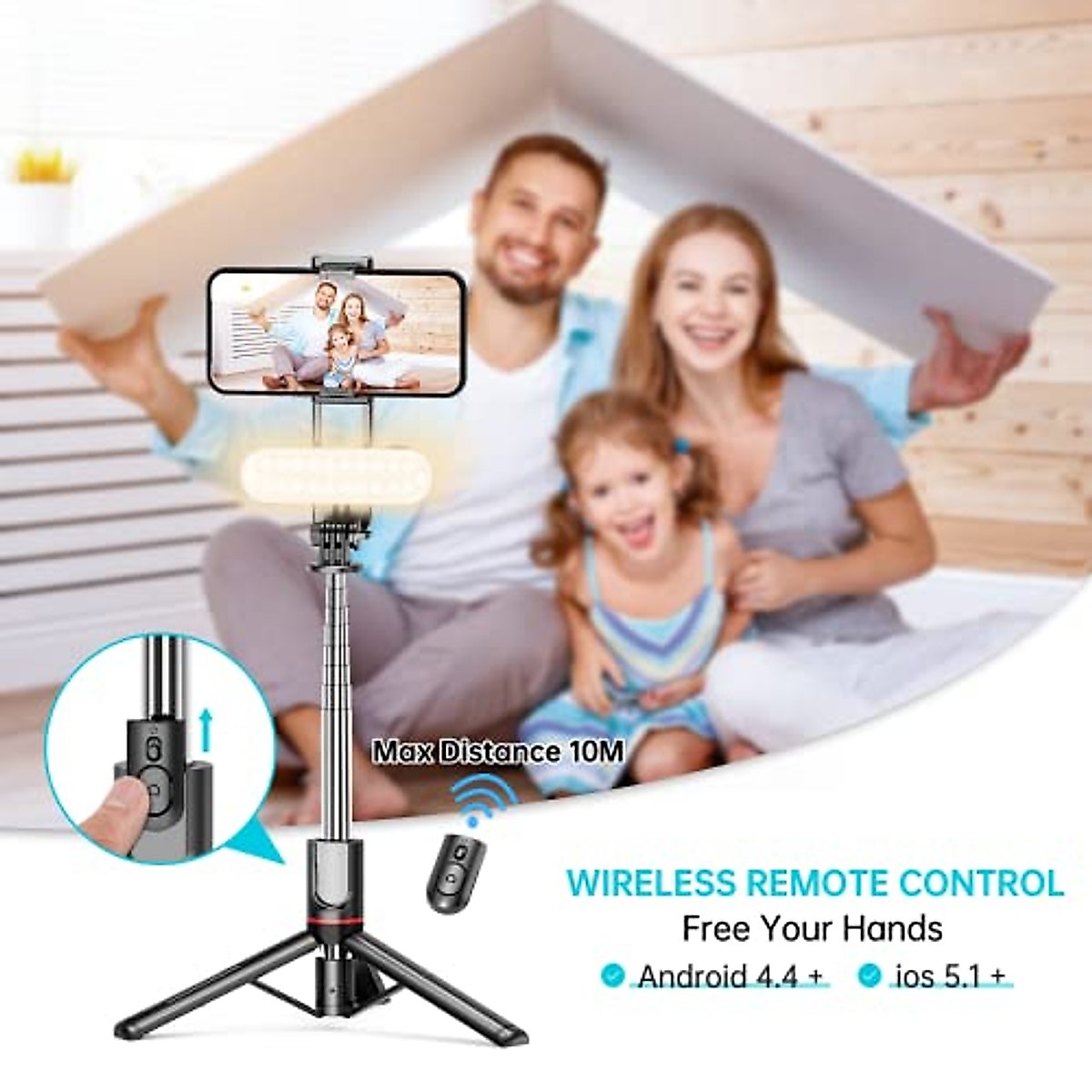 Stable Selfie Stick Tripod with Fill Light, 44 Inch Extendable Selfie Stick with Wireless Remote and Tripod Stand 360 Rotation for iPhone 13/12/11 Pro/XS Max/XS/XR/X/8/7, Samsung and Smartphone