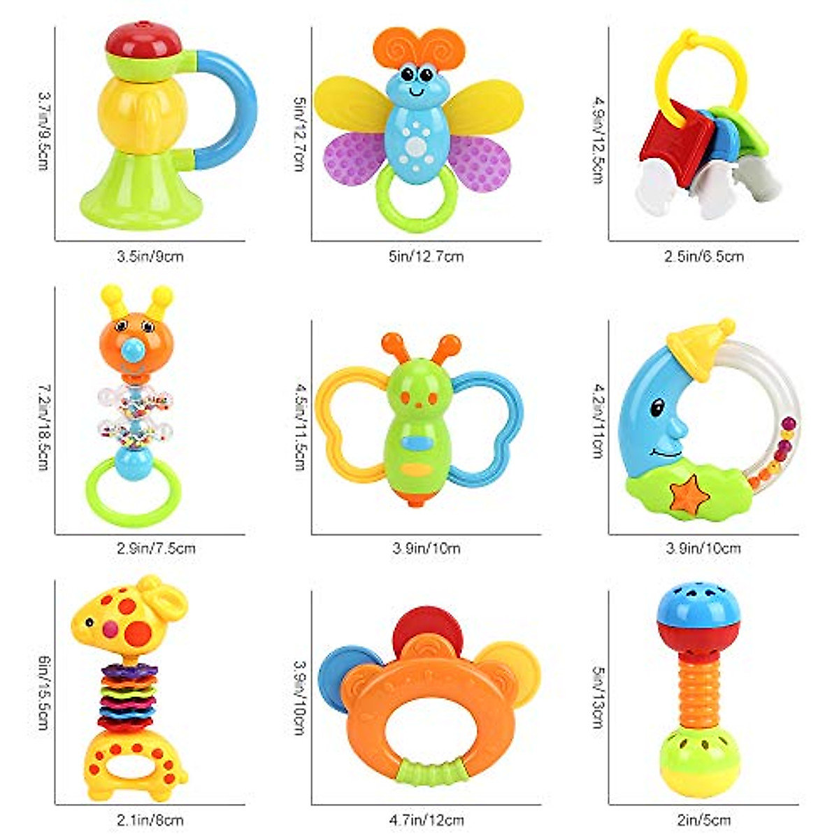 Aomola 9 PCS Baby Rattles Toys Set, Infant Teether and Shaker Rattles Toy, Baby Newborn Gift Set for Hand Development Early Educational Toys for 0+, 3, 6, 9, 12 Month Newborn Toddler
