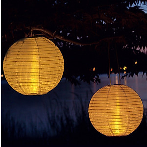 Allsop Home and Garden Soji Original 10â€ Round LED Outdoor Solar Lantern, Handmade with Weather-Resistant UV Treated Nylon, Stainless Steel Hardware, Auto sensor on/off, Chinese Style Globe Light, White w/ Amber LED (1-count)