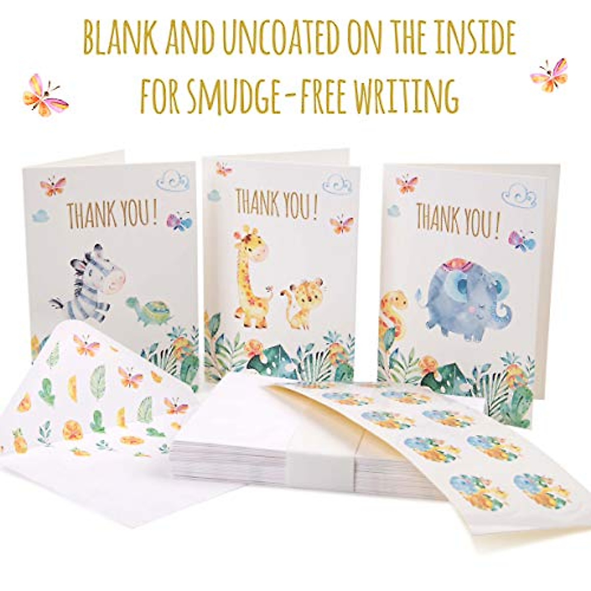 VNS Creations 30 Safari Thank You Cards | Bulk Jungle Animal Thank You Notes with Matching Envelopes & Stickers | Small & Cute Zoo Notecards Perfect for Baby Shower and Kids Birthday.