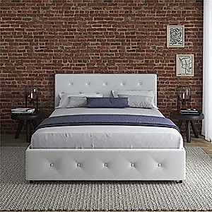 DHP Dakota Upholstered Platform Bed with Underbed Storage Drawers and Diamond Button Tufted Headboard and Footboard, No Box Spring Needed, Full, White Faux Leather