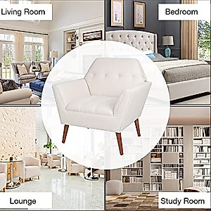 LEVNARY Modern Accent Chair, Comfy Upholstered Button Tufted Armchair with Wood Legs, Mid-Century Upholstered Single Sofa Chair for Reading Room Living Room (Beige)