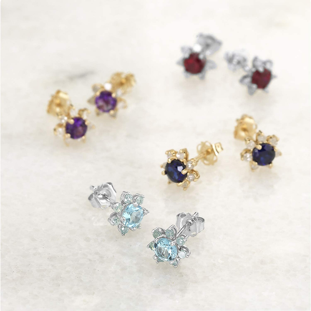 MAX + STONE 14k Yellow Gold Created Green Emerald and Diamond Flower Halo Stud Earrings for Women with Push Backs 4mm May Birthstone