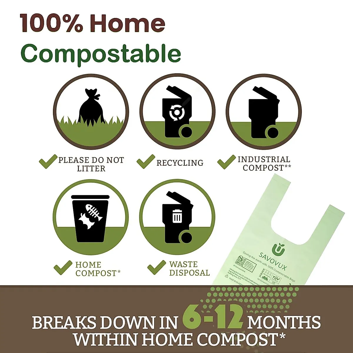 2.6 Gallon Compostable Trash Bags,Extra Thick Kitchen Food Scrap Bags with Handle, Compost Trash Bags Small Certified by BPI &Europe OK Compost, 9.84L