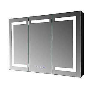 tunuo 48''W x 32''H Recessed or Surface Medicine Cabinets for Bathroom with Mirror, LED Medicine Cabinet Organizer with Crystal Sand Lighting Belts, Defogger, Dimmer, Clock, Outlets & USB, Black