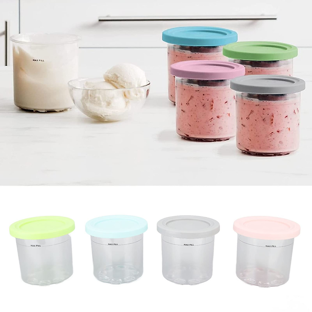Dweekiy Ice Cream Cans, 4Pcs Plastic Ice Cream Pints Containers Replacement for NC299AMZ NC300s Series Creami Ice Cream Makers