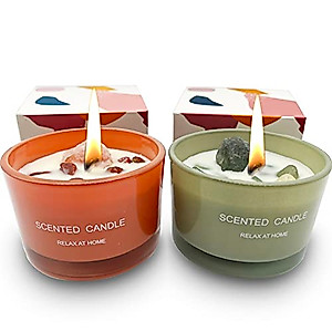 Healing Crystal Candles Decorative Soy Candle for Meditation Jar Candle Spiritual Gift for Women Scented Manifestation Candle 2 Pack Orange and Green