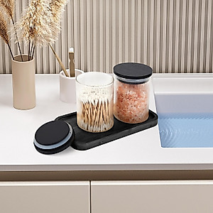 Ribbed Glass Qtip Holder Dispenser Bathroom Jars with Bamboo Lids, Cotton Ball Pad Round Swab Holder for Bathroom Accessories Storage Organizer,Farmhouse Bathroom Decor, Home Decor. (2pcs)