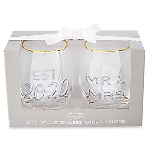 Mud Pie MR. & MRS. EMBOSSED WINE GLASS SET, Est 2020, 16 oz