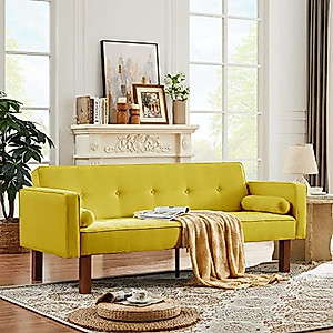 MWrouqfur Modern Fabric Sofa Bed Futon,Convertible Sleeper Loveseat with 2 Pillows and Armrests,75" Folding Recliner Couch Bed with Solid Wood Legs for Living Room Apartments Office (Yellow)