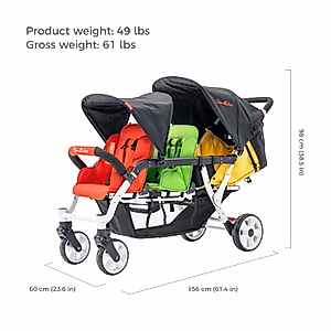 Familidoo H3E 3 Seat Baby Stroller - Tandem Daycare Triple Stroller with 5 Point Safety Harness - for Infants & Toddlers 0-3 Years - Lightweight & Foldable - All Reclining Seats