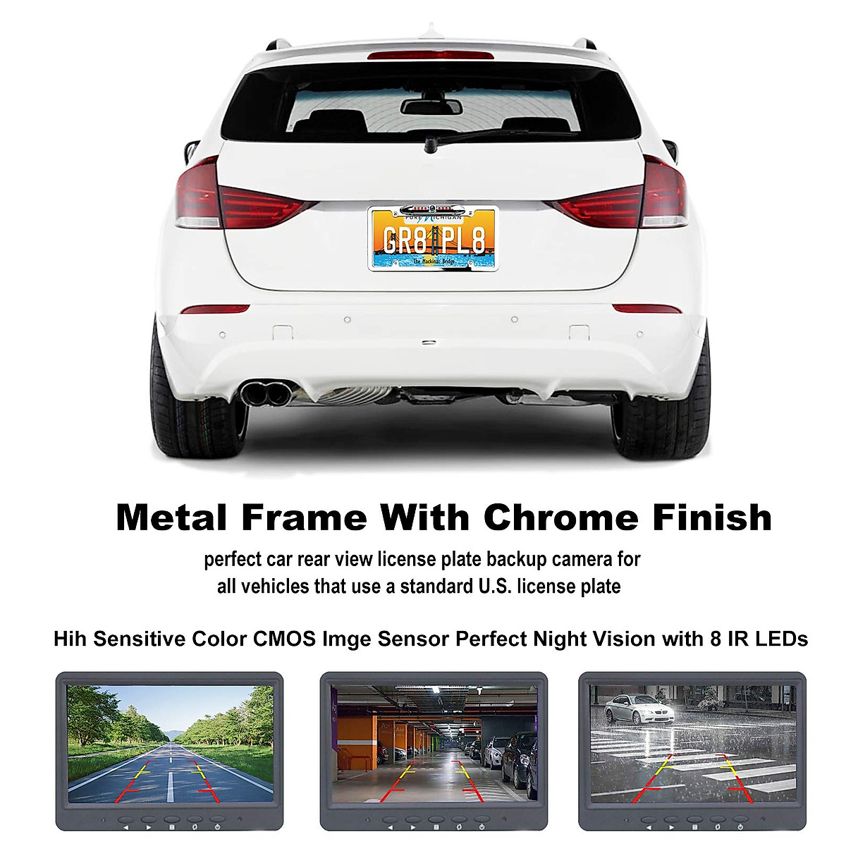 License Plate Backup Camera, JPP Front/Rear View Camera 170° Viewing Angle Universal Car Reverse Camera Waterproof 8 LED Night Vision Vehicle Reverse Camera