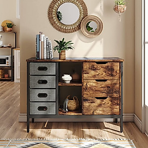 Bestier Sideboard Storage Unit w/ 3 Drawers, 2 Adjustable Shelves, 4 Sliding Fabric Cubes, & Adjustable Foot Pads for Living Room, Bedroom, or Hallway