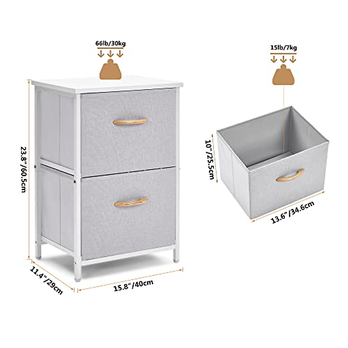 LAND·VOI Dresser Storage,Night Stand with 2 Fabric Drawers,End Table for Bedroom, Office, Living Room, and Hallway Entryway Closets, Steel Frame Wood Top, Easy Pull Handle,White Grey