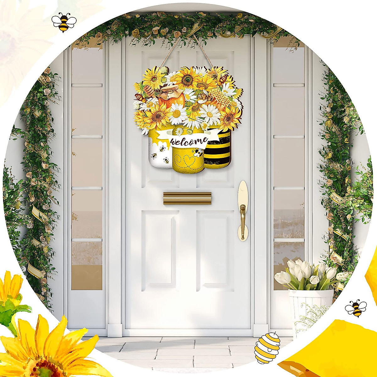 Spiareal Bee Welcome Wood Door Yellow Bee summer Hanger Wooden Sign Farmhouse Wall Porch Art Summe Wreath Hanging for Front Door Decoration