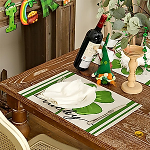 ARKENY St Patricks Day Placemats 12x18 Inches Set of 4, Green Shamrock Spring Seasonal Farmhouse Burlap Indoor Kitchen Dining Table Mats Decorations for Home Party AP032-18