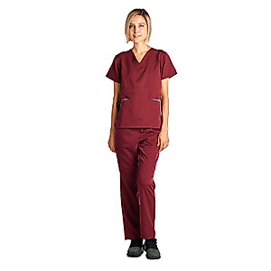 Dagacci Medical Uniform Women's Scrubs Set Stretch Contrast Pocket Burgundy XXL