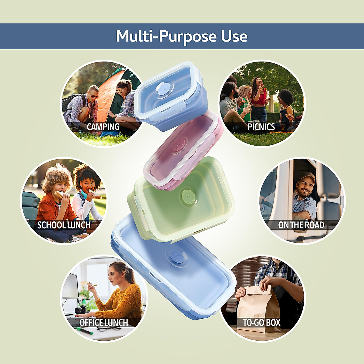 ICHC Set of 4 Collapsible Storage Containers - Space Saving Food Silicone Container, Flat Stacks, Travel Food Containers, Airtight Lunch Box With Lids, Stackable & Reusable