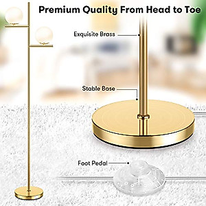 Mid Century Floor Lamp - 2 Globe Modern Standing Lamp with Foot Pedal, Frosted Glass Stand Up Lights for Living Room, Bedroom, Office, Contemporary LED Antique Brass|Gold Tall Pole Light Indoor