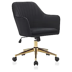 BELLEZE Modern Upholstered Velvet Desk Chair with Swivel Wheels and Adjustable Height, Decorative Rolling Office or Vanity Armchair, Stylish Comfy - Alayah (Black - Gold)