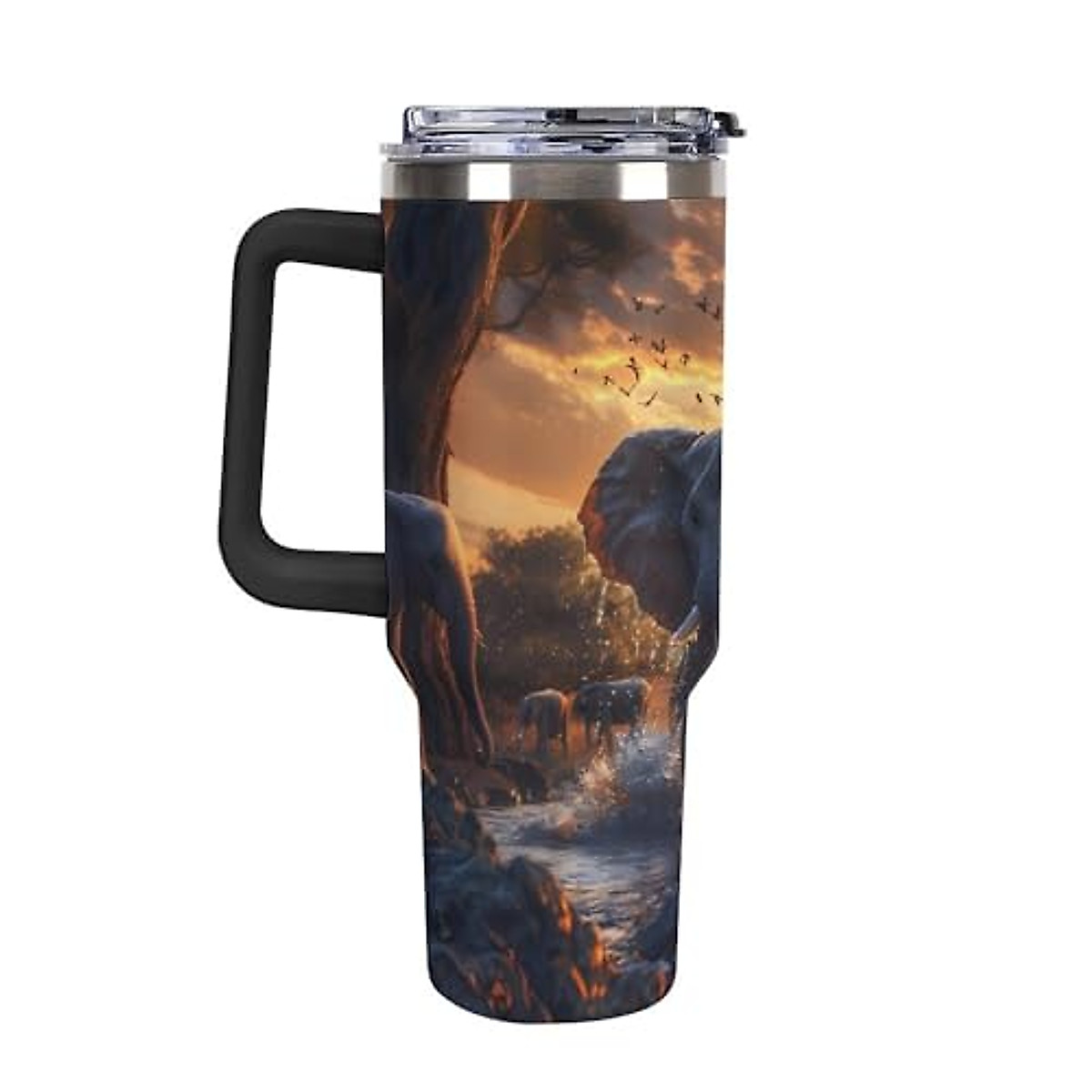Elephants in Sunset Water Insulated Tumblers with Handle Stainless Steel Coffee Mug Funny Travel Cup with Lid Straw 40oz