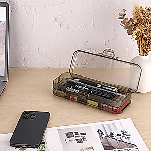 BTSKY Double Deck School Pencils Box Clear Plastic Stationery Box with 4 Removable Ruler Dividing Spacers Multi-grid Home Utility Box with 6 Compartments for Pencils Erasers Clips (Clear Black)