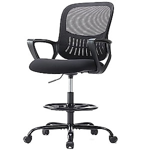 JHK Drafting Standing, Tall Desk Counter Height Adjustable Office Chairs with Comfortable Padded Armrests, Black
