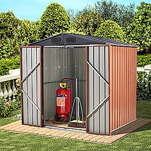 JAORD 8 x 6 FT Storage Shed, Outdoor Galvanized Steel Shed, Outside Garden Tool Storage House with Lockable Door for Patio, Backyard, Lawn Mower, Dark Brown…