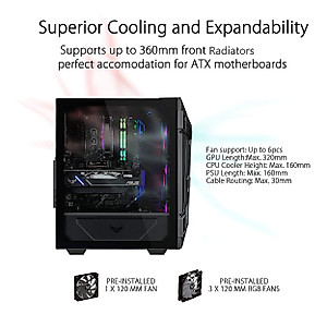 ASUS TUF Gaming GT301 Mid-Tower Compact Case for ATX Motherboards with honeycomb Front Panel, 120mm AURA Addressable RBG fans, headphone hanger, and 360mm radiator support, 2 x USB 3.2