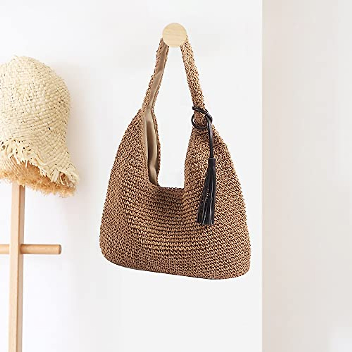 QTKJ Hand-woven Soft Large Straw Shoulder Bag with Black Tassels Boho Straw Handle Tote Retro Summer Beach Bag Rattan Handbag (Brown)