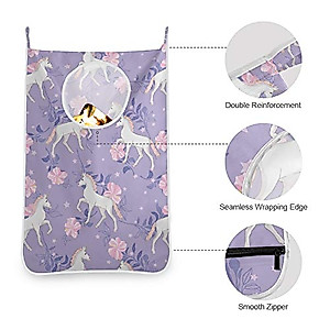 Oyihfvs White Unicorns Pink Flowers Stars On Purple Floral 1PC Hanging Laundry Hamper Bag, Dirty Clothes Bag Over The Door, Wall Cloth Basket with Hooks Storage College Closet for Bathroom Bedroom