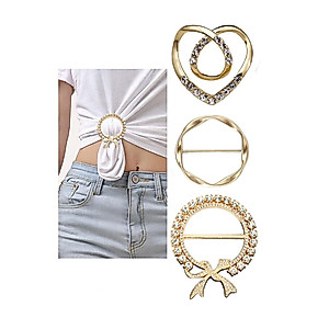 3 Pack Alloy T Shirt Clips Rhinestone Scarf Pearl Clip Buckles 1.9 Inch Round T-shirt Silk Scarves Clothes Waist Tie Decoration Accessories for Women Lady Girls