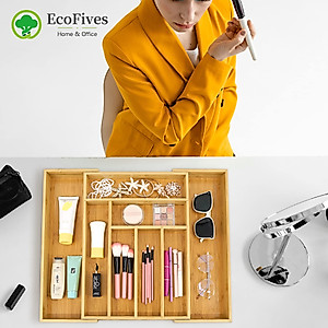 EcoFives Bamboo Kitchen Drawer Organizer - Silverware Organizer - Utensil Holder and Cutlery Tray with Grooved Drawer Dividers for Flatware and Kitchen Utensils (8 Slot)