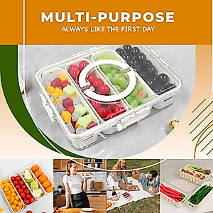 Divided Serving Tray with Lid -Snackle Box Container with Spoon & Mini Forks and 4 Removable Colanders Snack Serving Tray, Snack Box Container, Veggie Tray with Lid for Candy, Fruits, Nuts, Chips.