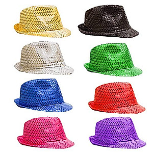 Fun Central Bulk 12 Pack LED Light Up Sequin Fedoras Hats Unisex, Assorted Colors