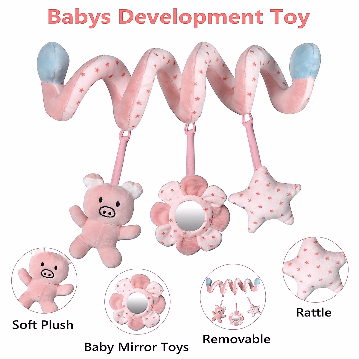 Car Seat Toys, Infant Baby Pink Pig Spiral Activity Hanging Toys Stroller Toys for Car Seat Stroller Bar Crib Bassinet Mobile with Mirror BB Squeaker and Rattles