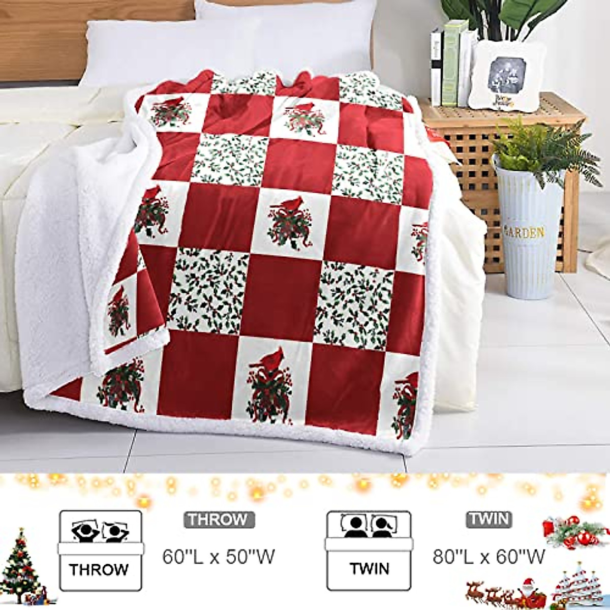 Christmas Sherpa Fleece Twin Size Blanket, Cardinals Birds Stitching Plaid Fuzzy Soft Lightweight Breathable Bed Sofa TV Couch Blanket - 60'x80'