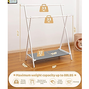 Cozivolife Kids Clothing Rack with 2 Hanging Rods and 4 Hooks, Kids Dress Up Rack with Bottom Storage Shelf, Child Garment Rack, Small and Foldable, Bamboo (White)
