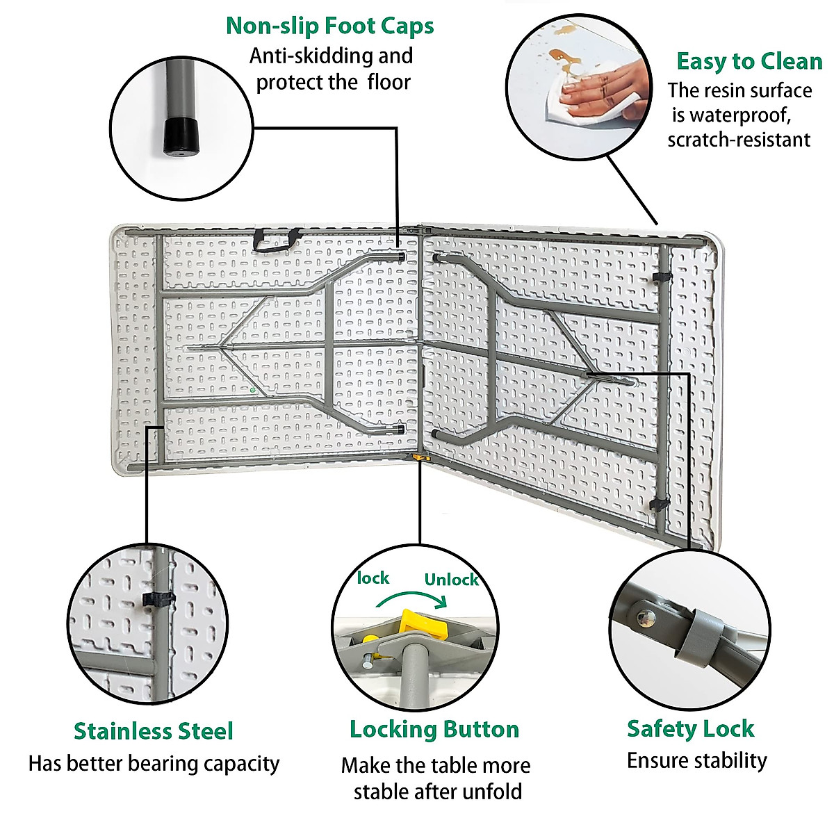JingPieCle 6 Foot Folding Table 6ft Portable Plastic Picnic Table with Handle, Fold in Half Heavy Duty Utility Foldable Table, Indoor Outdoor 6' Folding Card Tables for Party, Dining