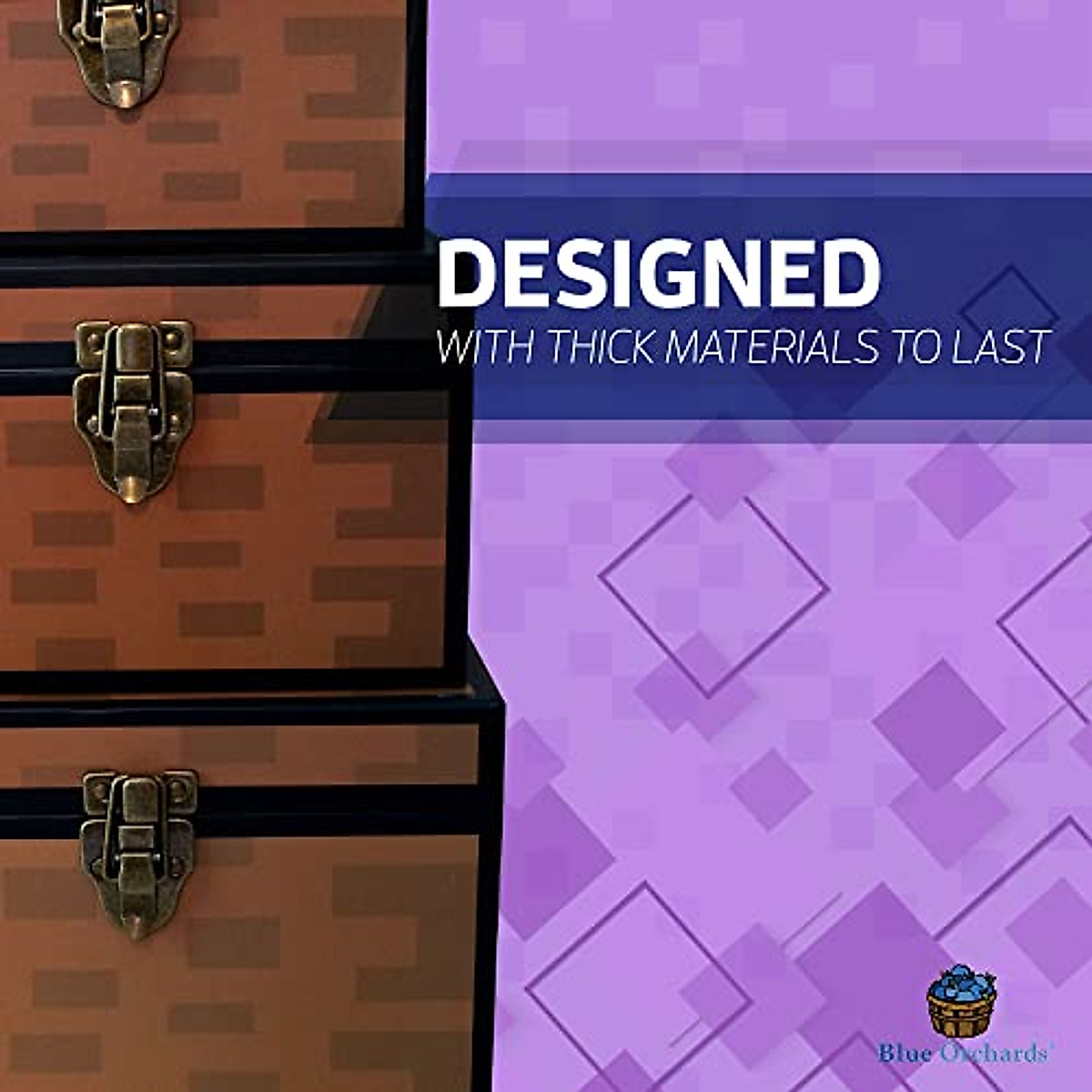 Blue Orchards Pixel Treasure Chest Paperboard Boxes (Set of 3), Decoration for Video Gamers, Birthday Parties, Mining Fun, Storage or Display