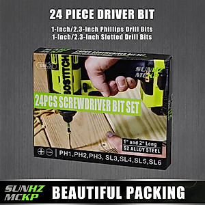 SUNHZMCKP 24-Piece Screwdriver Bit Set, Magnetic Slotted Phillips Driver Bit Set, S2 Steel, Long 1" and 2.3" Impact Screwdriving Drill Bits Set, 1/4 Inch Hex Shank Driver Bit