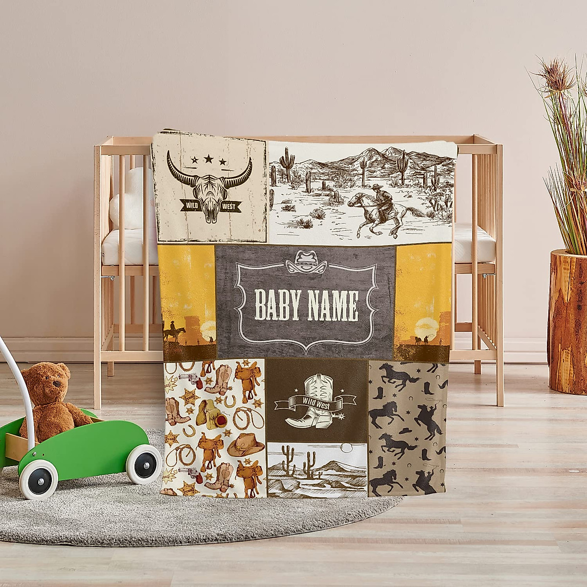 MeMate Personalized Baby Blanket with Name, Wild West Cowboy Baby Boy Swaddle Blanket, Western Baby Blanket Name Boy, Soft Fleece Blanket, Cowboy Baby Blanket for Newborn Infant Toddlers Kids