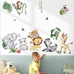 decalmile Jungle Animals Wall Decals Elephant Lion Giraffe Safari Wall Stickers Baby Nursery Kids Room Living Room Wall Decor