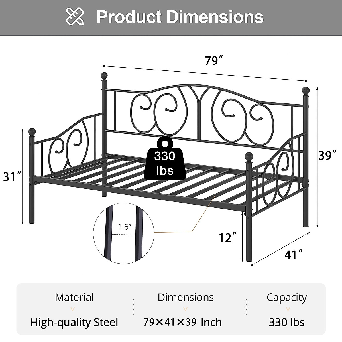 VECELO Metal Daybed Frame Multifunctional Platform Bed Sofa Mattress Foundation with Classic Headboard, Twin, Black