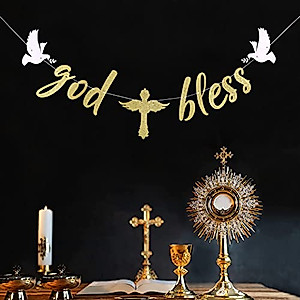 YESSWL God Bless Banner - Golden Glitter Boy/girl Baptism Banner, God Bless Banner Baptism, First Holy Communion Baby Shower Banner Party Decorations, Baby Baptism Shower