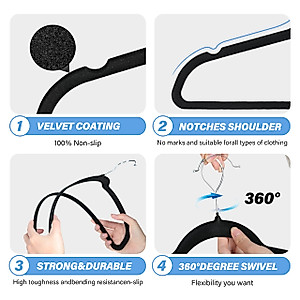 YSSOA Velvet Hangers 60 Pack, Non-Slip Clothes Hangers with Shoulder Notches, 360° Swivel Hooks, Heavy Duty Standard Hangers for Closet Space Saving, Black