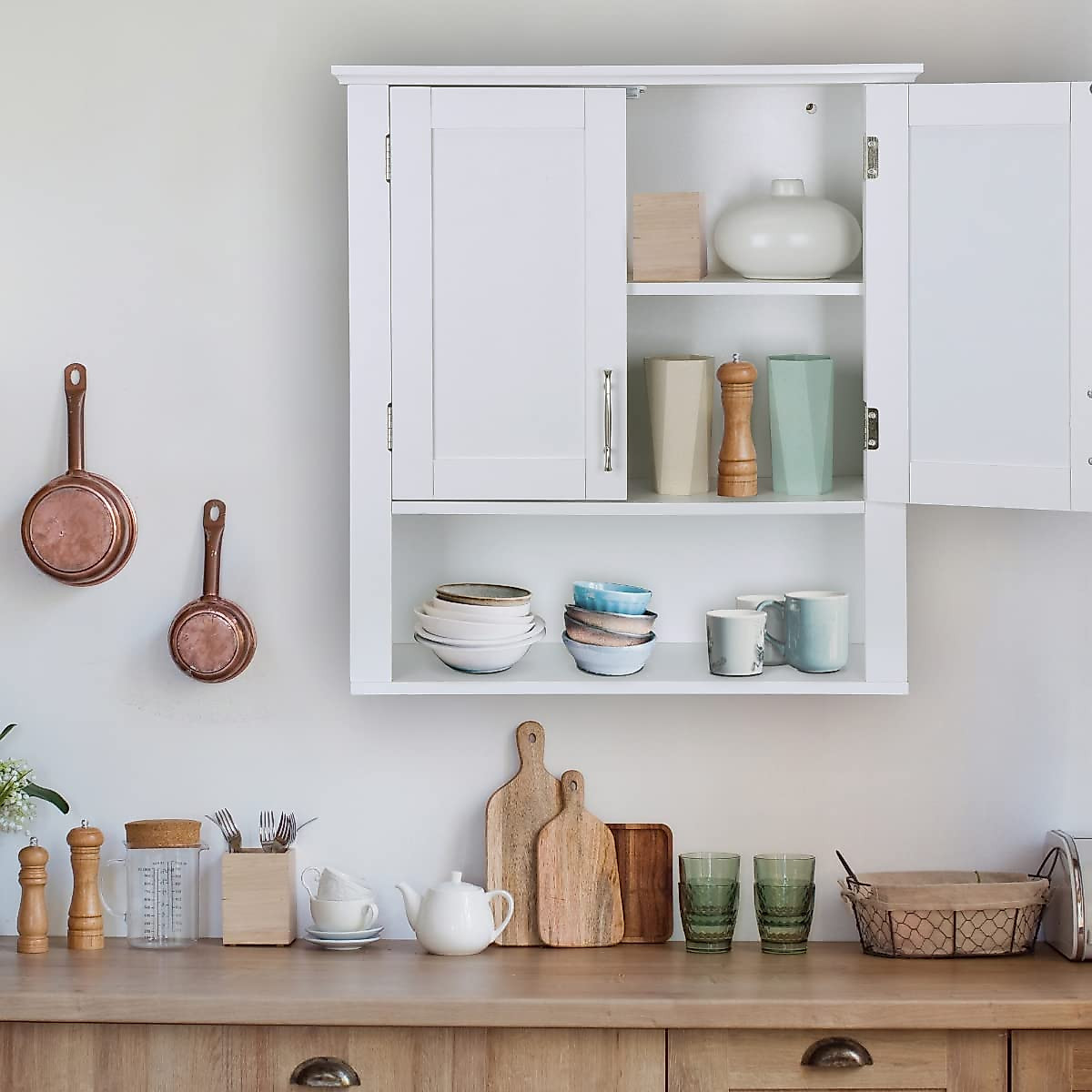 Saicool Bathroom Medicine Cabinet Kitchen Office Surface Mount Wooden Storage Cabinet with 2-Doors and 1- Shelf Cottage Collection